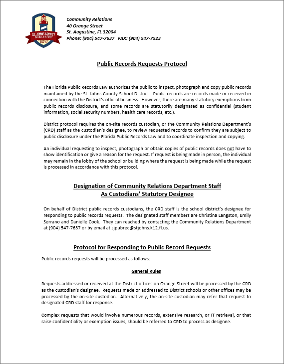 Public Records Request Protocol – Community Relations